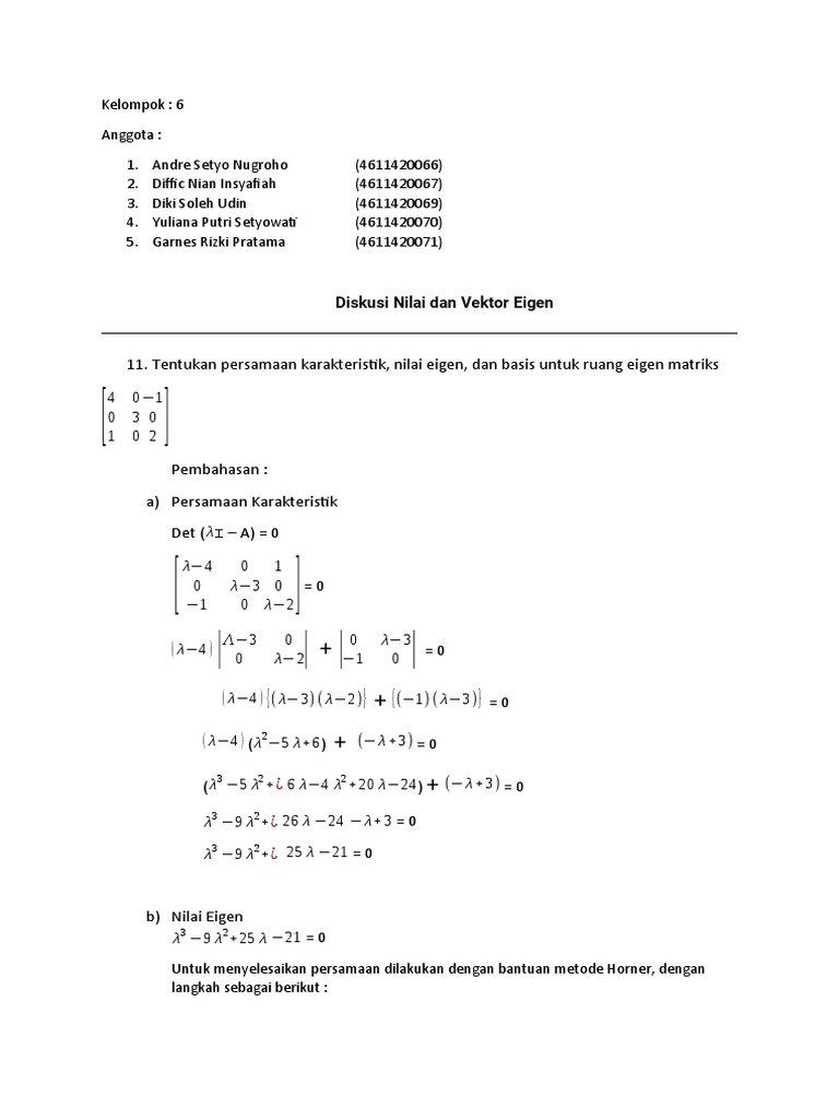 Diskusi Nilai Dan Vektor Eigen Kelompok 6 | PDF | Metode & Bahan Ajar
