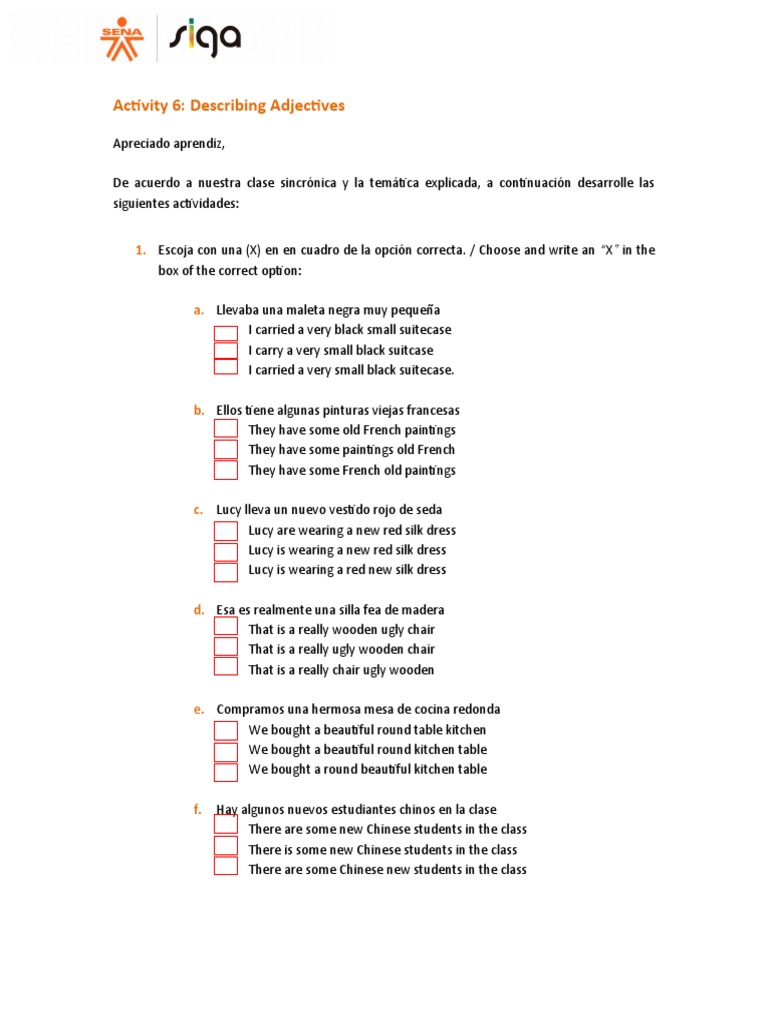 Act 6 - Describing Adjectives | PDF | Human Body | Integumentary System