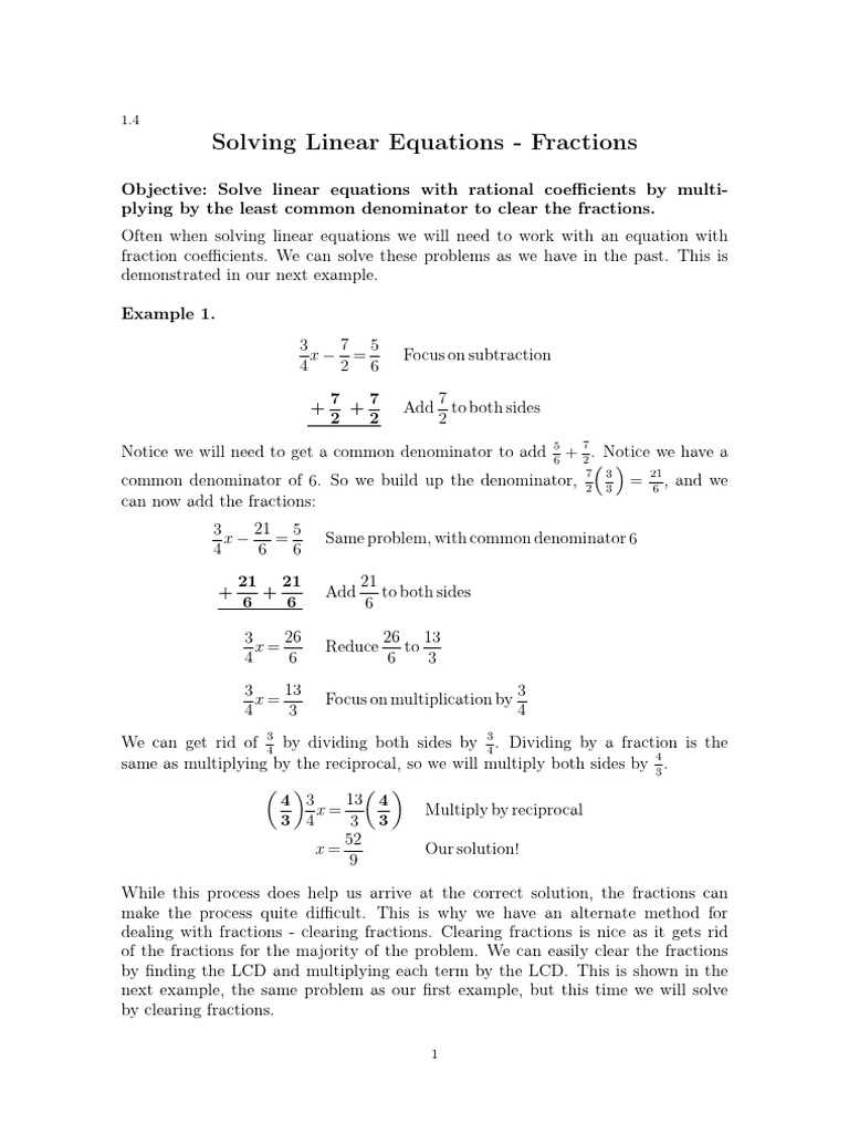 Solving Linear Equations with Fractions | PDF | Multiplication | Equations