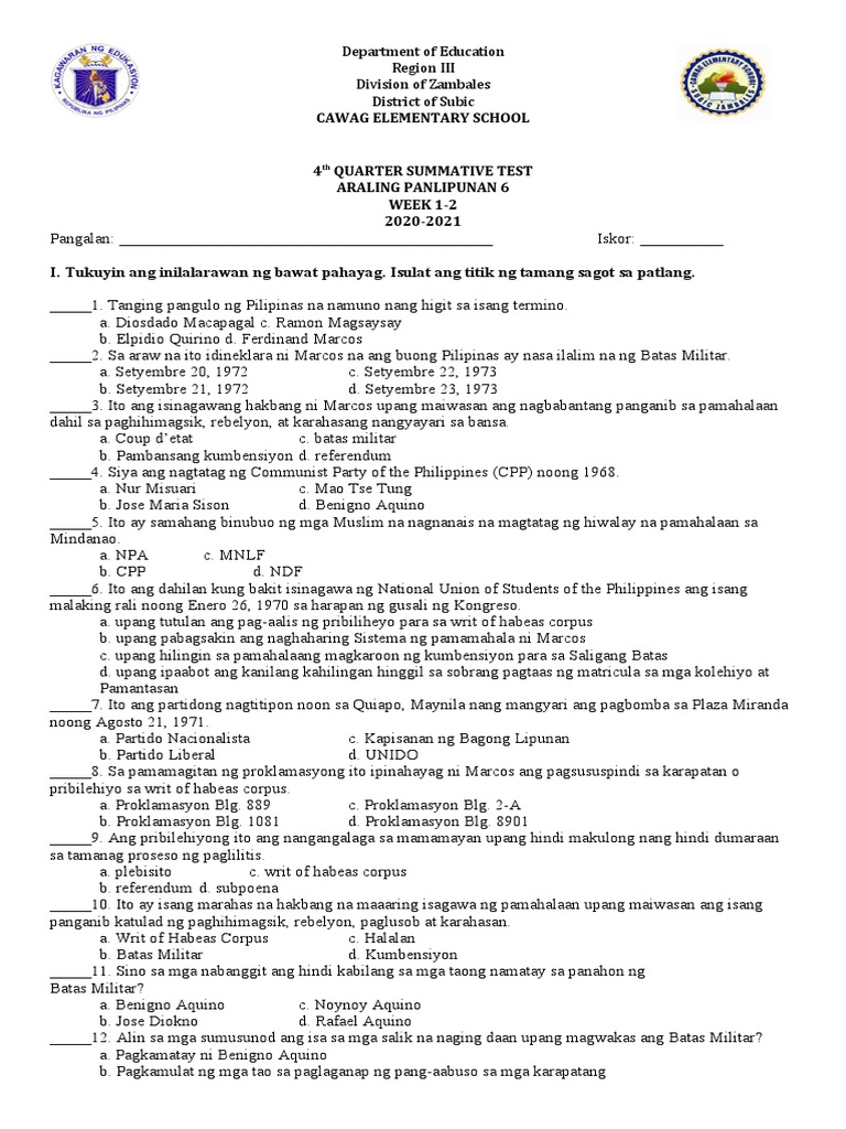 Summative Test Week 1-2 | PDF