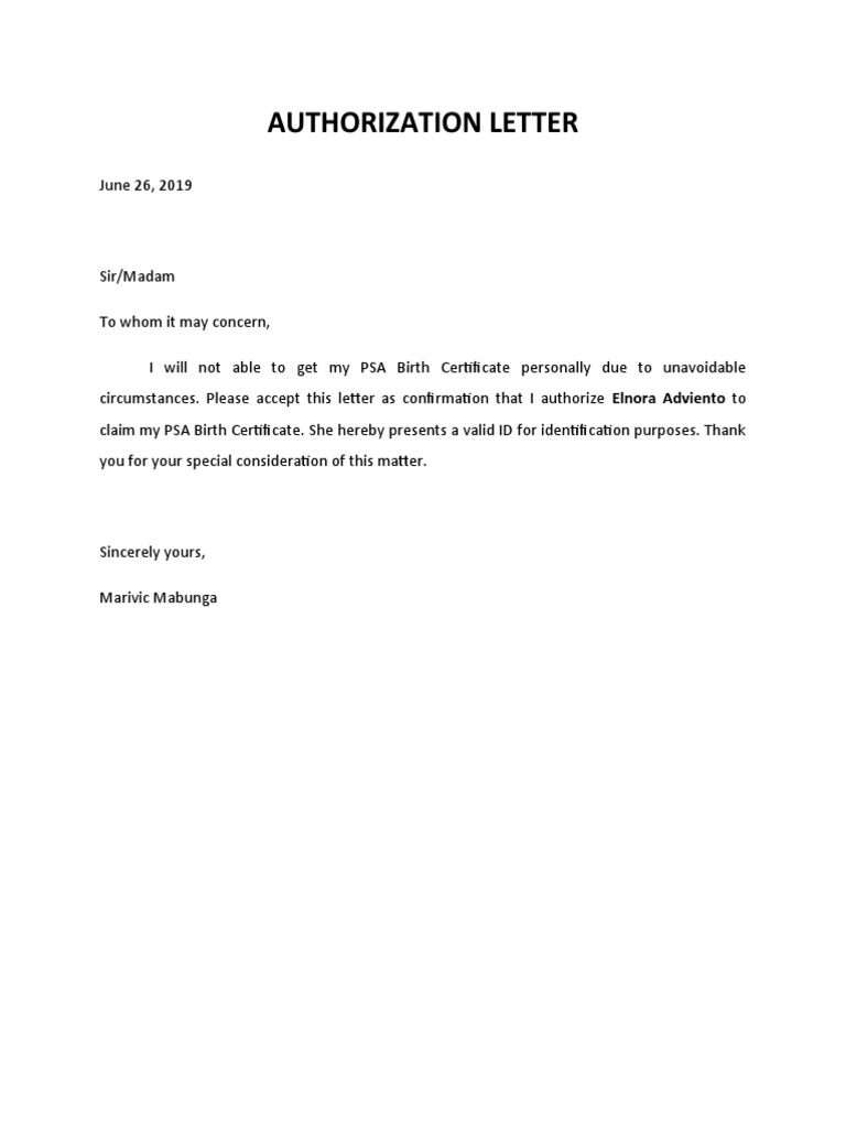 Authorization letter for PSA birth certificate pickup | PDF