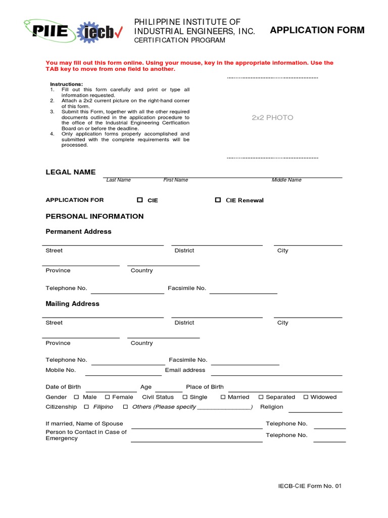 IECB CIE Form 01 Applic Form 02192018 | PDF | Professional ...