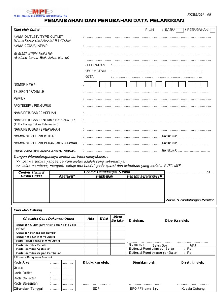 FCBG021-08 Form Penambahan Dan Perubahan Data Pelanggan | PDF