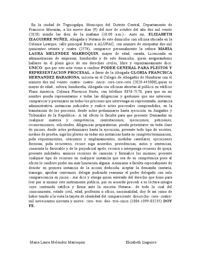 Poder General para Pleitos en Honduras | PDF | Honduras | Gobierno
