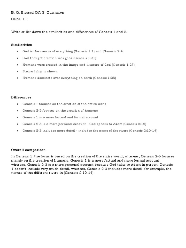 Differences and Similarities of Genesis 1-2 | PDF