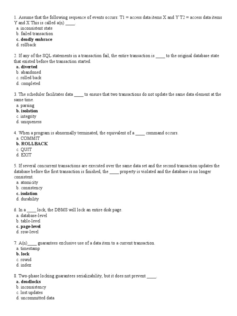 CH 10 Questions | PDF | Database Transaction | Databases
