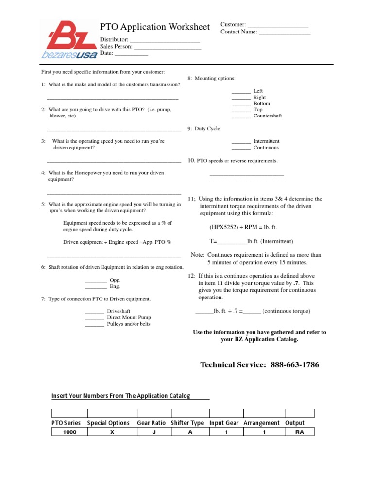PTO Application Worksheet: Technical Service: 888-663-1786 | PDF ...