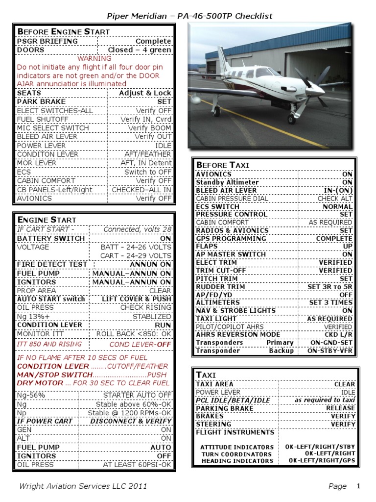 Meridianpa46 Checklist | PDF | Flap (Aeronautics) | Flight