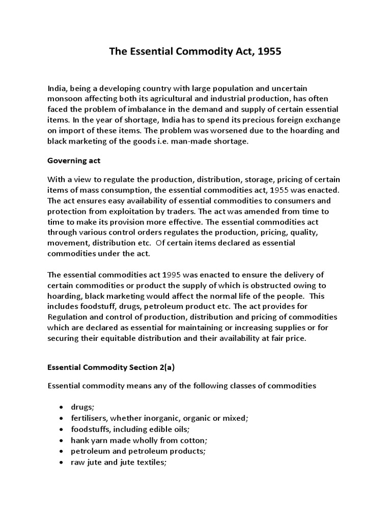 The Essential Commodity Act. | PDF | Economies | Business