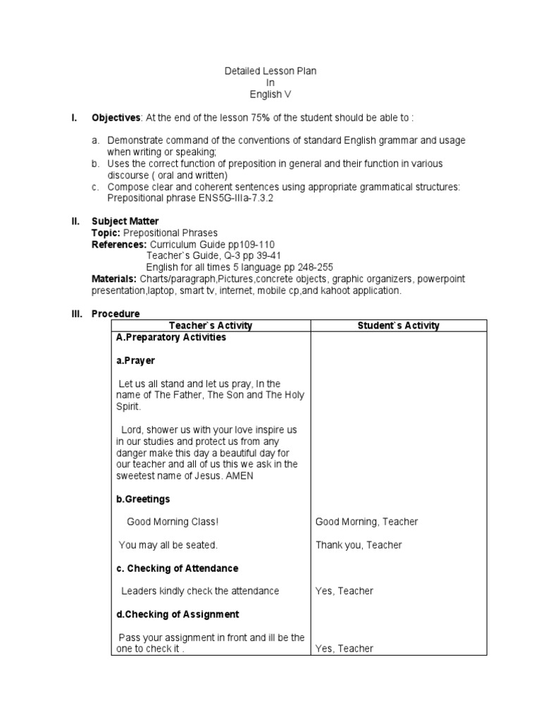 Detailed Lesson Plan in English V Preposition Phrases | PDF ...