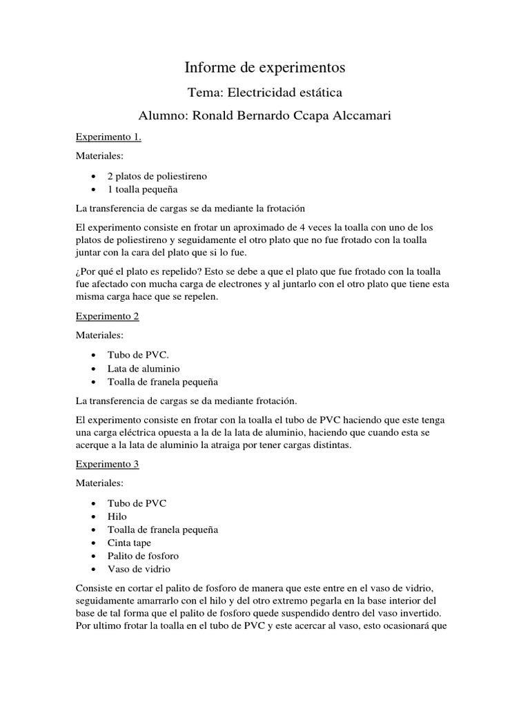 Informe de Experimentos | PDF | Materiales | Química