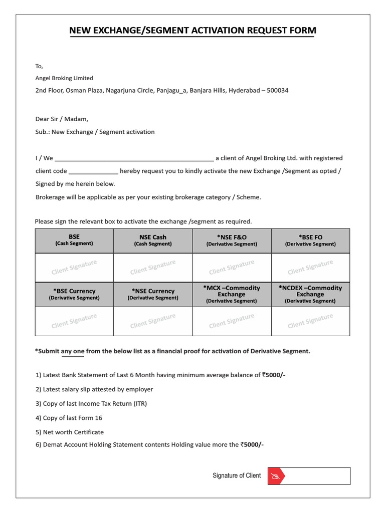 New Exchange/Segment Activation Request Form: To, Angel Broking Limited ...