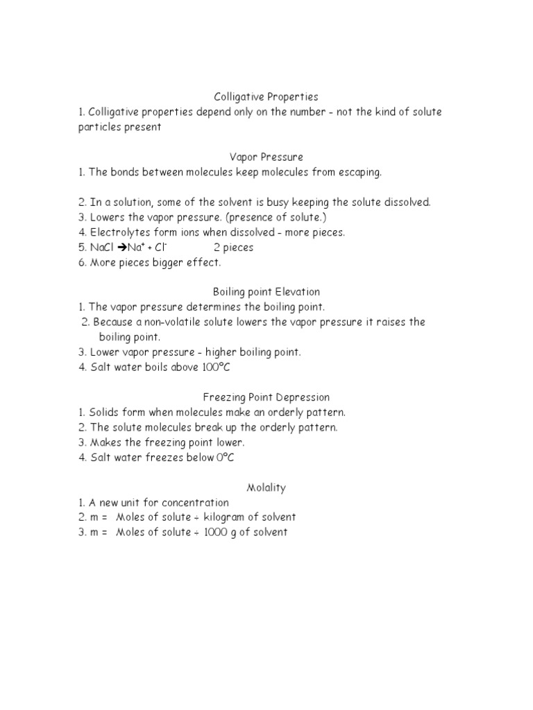 Colligative Properties Notes | PDF | Solution | Mole (Unit)