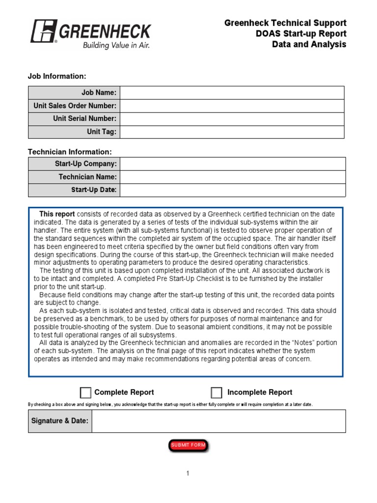 Greenheck DOAS Start-Up Report June2019 | PDF | Furnace | Air Conditioning