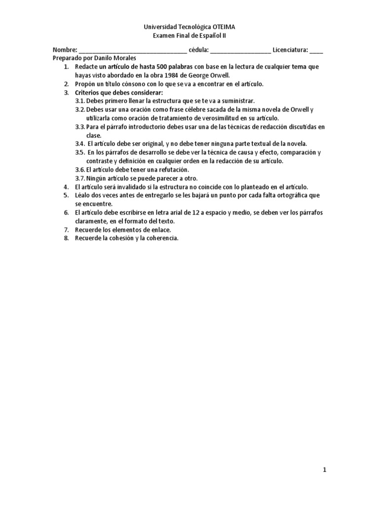 Examen Final de Español 2 | PDF