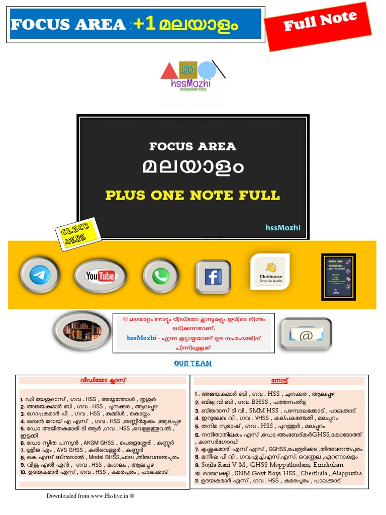 Hsslive Xi Malayalam Focus Notes All in One by Hssmozhi | PDF