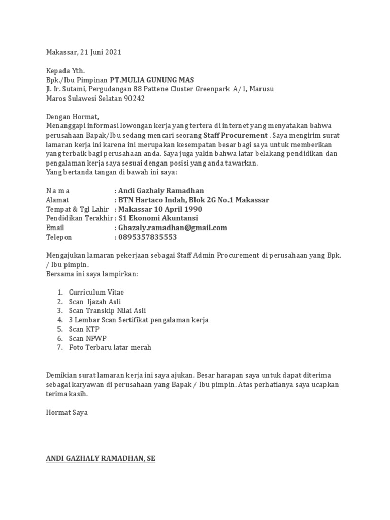 Lamaran Staff Procurement Andi Ramadhan | PDF