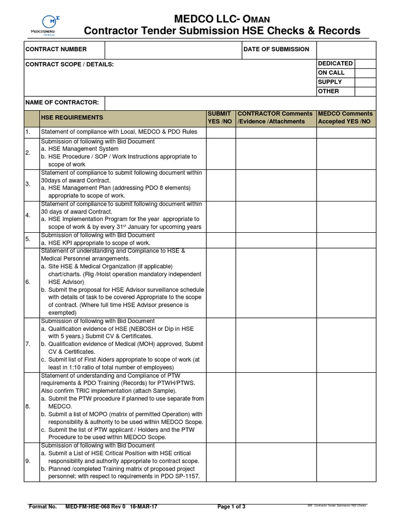13.2 Contractor Tender Submission HSE Checks | PDF | Regulatory ...