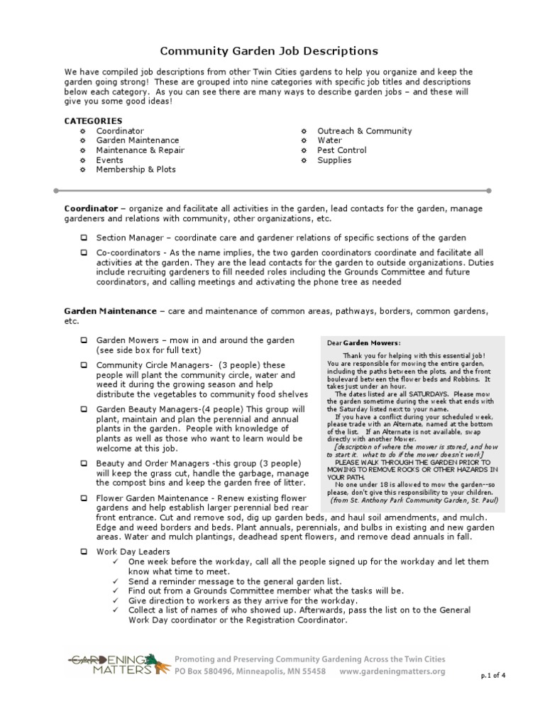 Community Garden Job Descriptions Guide | PDF | Shed | Gardens