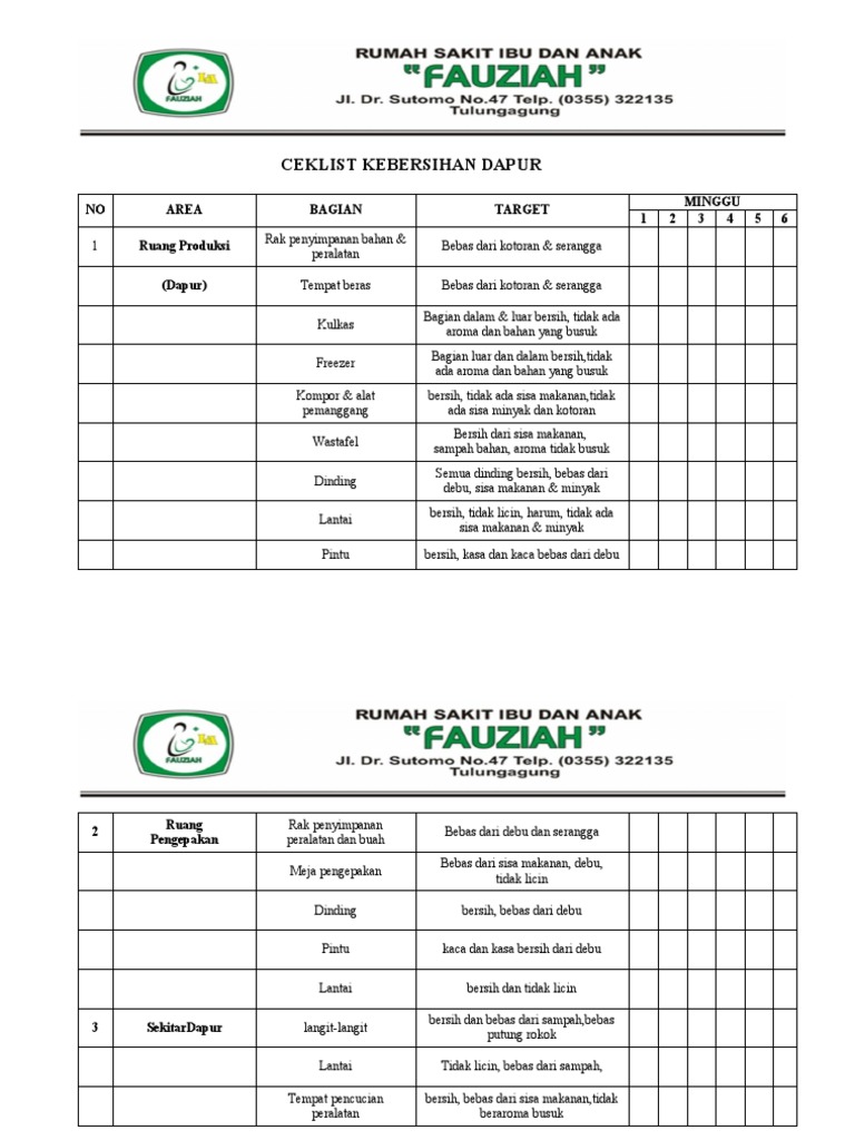 Ceklist Kebersihan Dapur | PDF