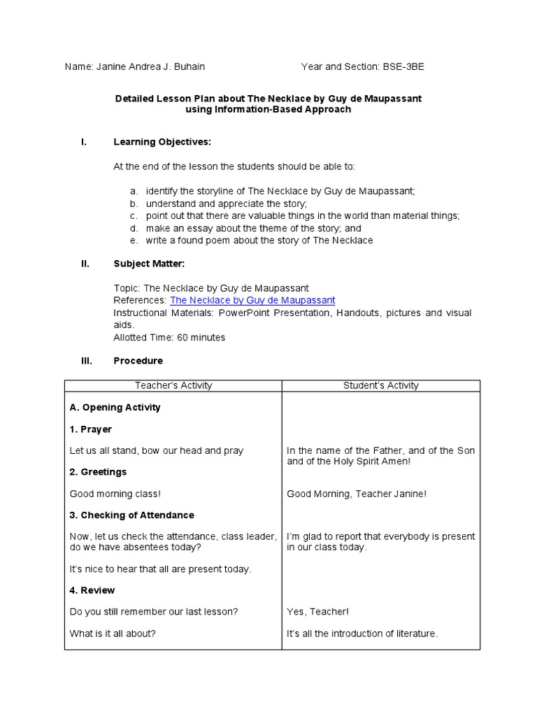 Lesson Plan for "The Necklace" Analysis | PDF | Lesson Plan