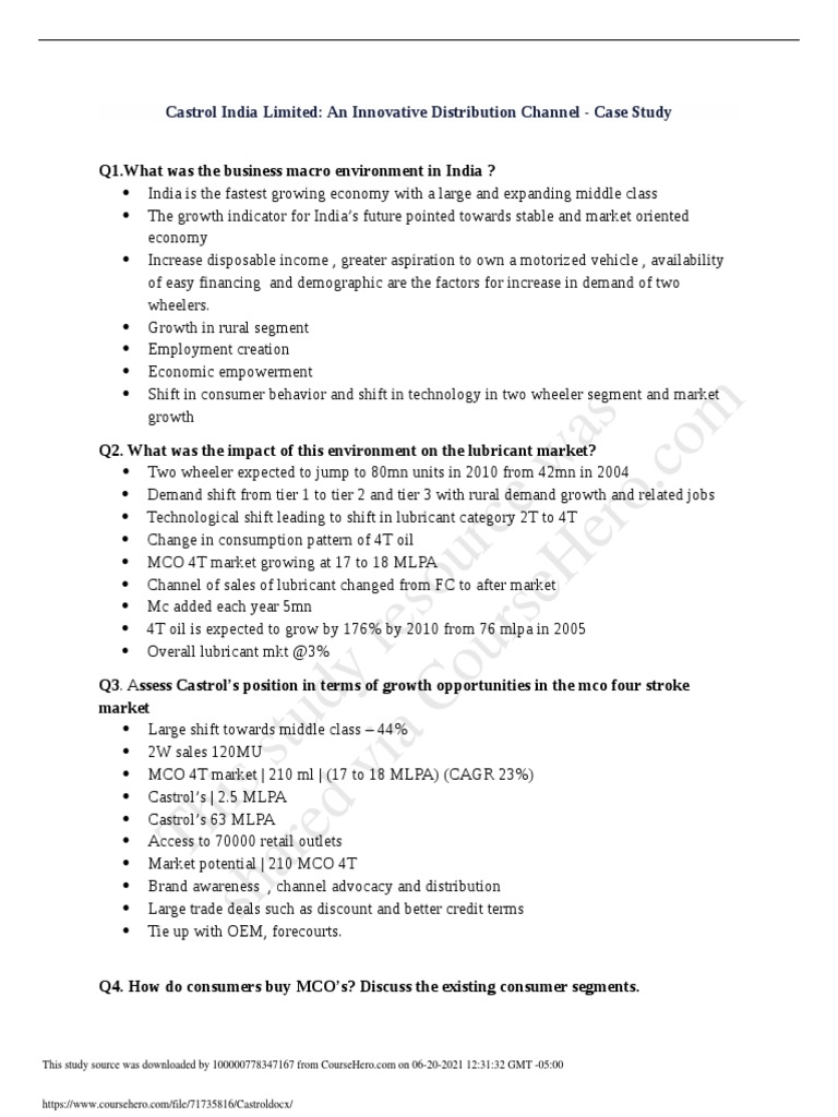 This Study Resource Was: Castrol India Limited: An Innovative Distribution Channel - Case Study ...