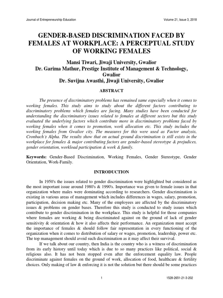 Gender-Based Discrimination Faced by Females at Workplace: A Perceptual ...