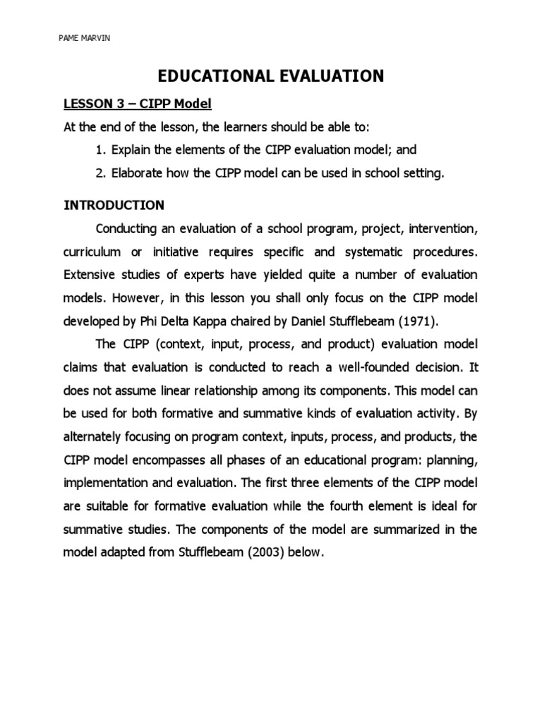 Understanding the CIPP Evaluation Model | PDF | Evaluation | Psychology