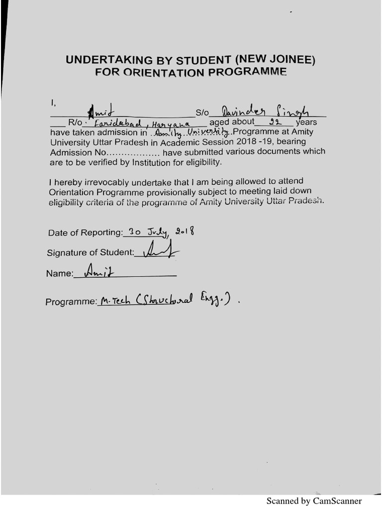 Undertaking Duly Signed by The Student | PDF Undertaking Duly Signed by The Student | PDF