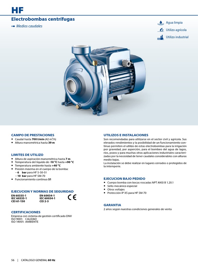 Electrobombas centrífugas para agua limpia e industria | PDF | Bomba | Metrología