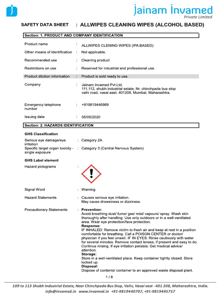 Msds Ipa Wipes | PDF