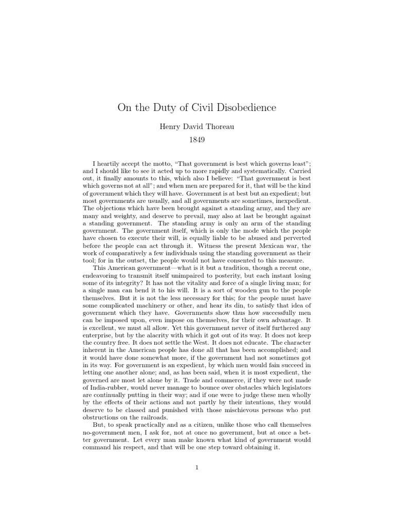On The Duty of Civil Disobedience: Henry David Thoreau 1849 | PDF ...