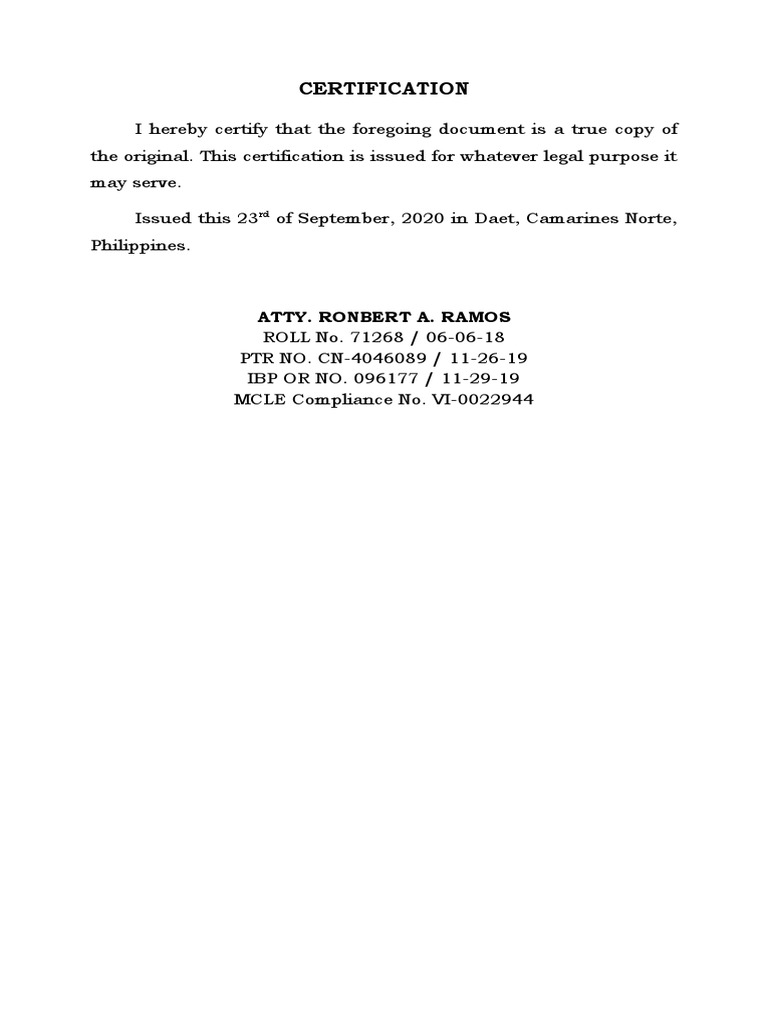 Certification Document - Atty. Ronbert A. Ramos | PDF