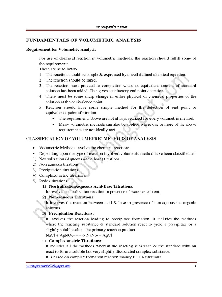 Fundamentals of Volumetric Analysis | PDF | Titration | Chemistry