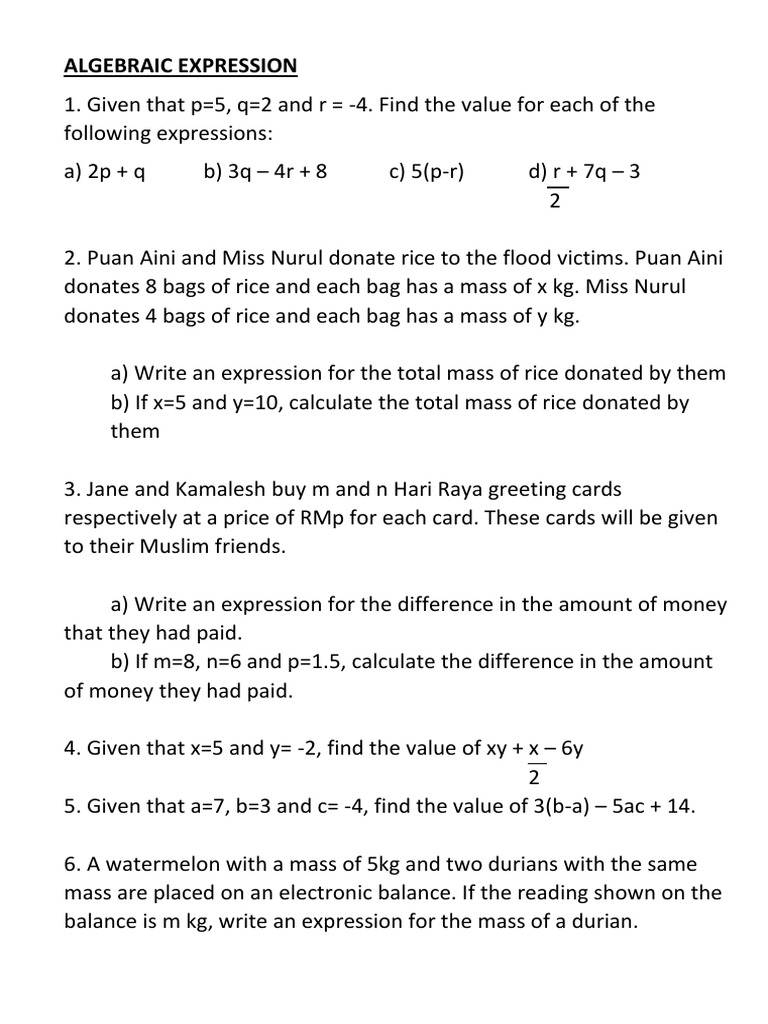 Exc Math f1 Algebraic Expression | PDF