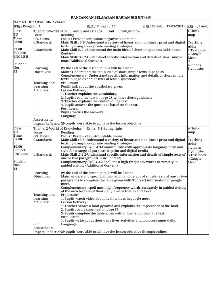 RPH Week 17 | PDF | Teachers | English Language