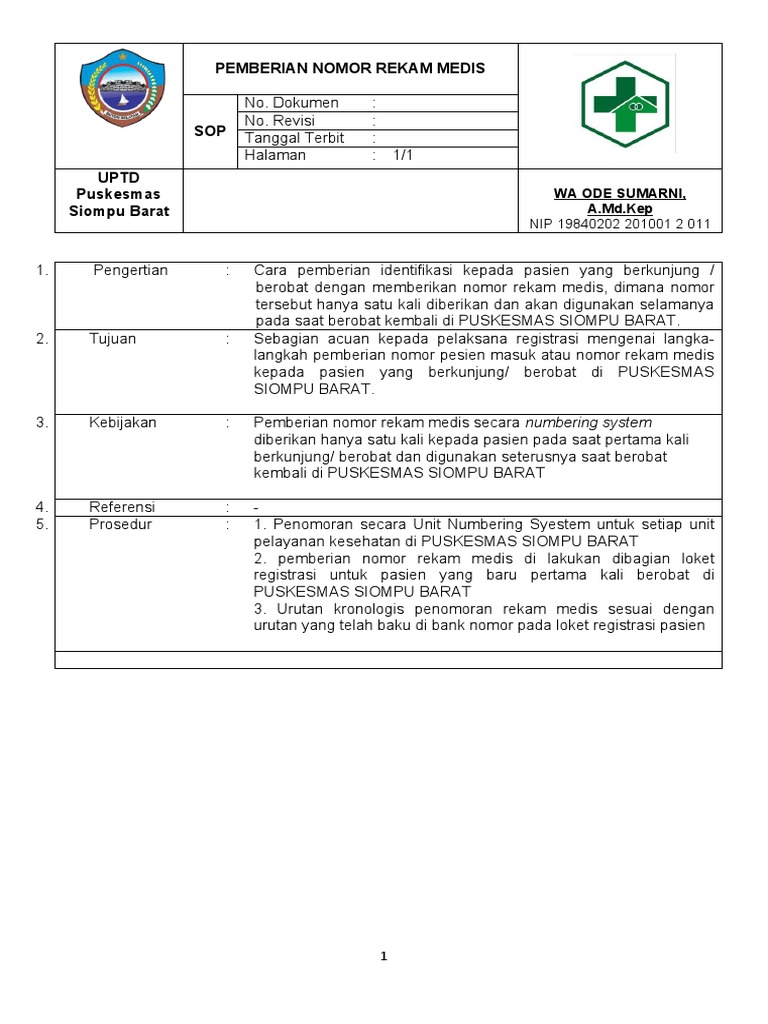 Sop Pemberian Nomor Rekam Medis | PDF