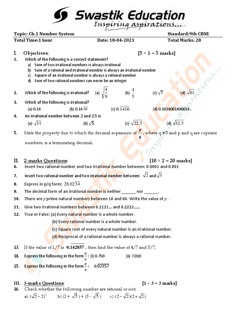 9th CBSE Maths Test Ch-1 | PDF | Numbers | Rational Number