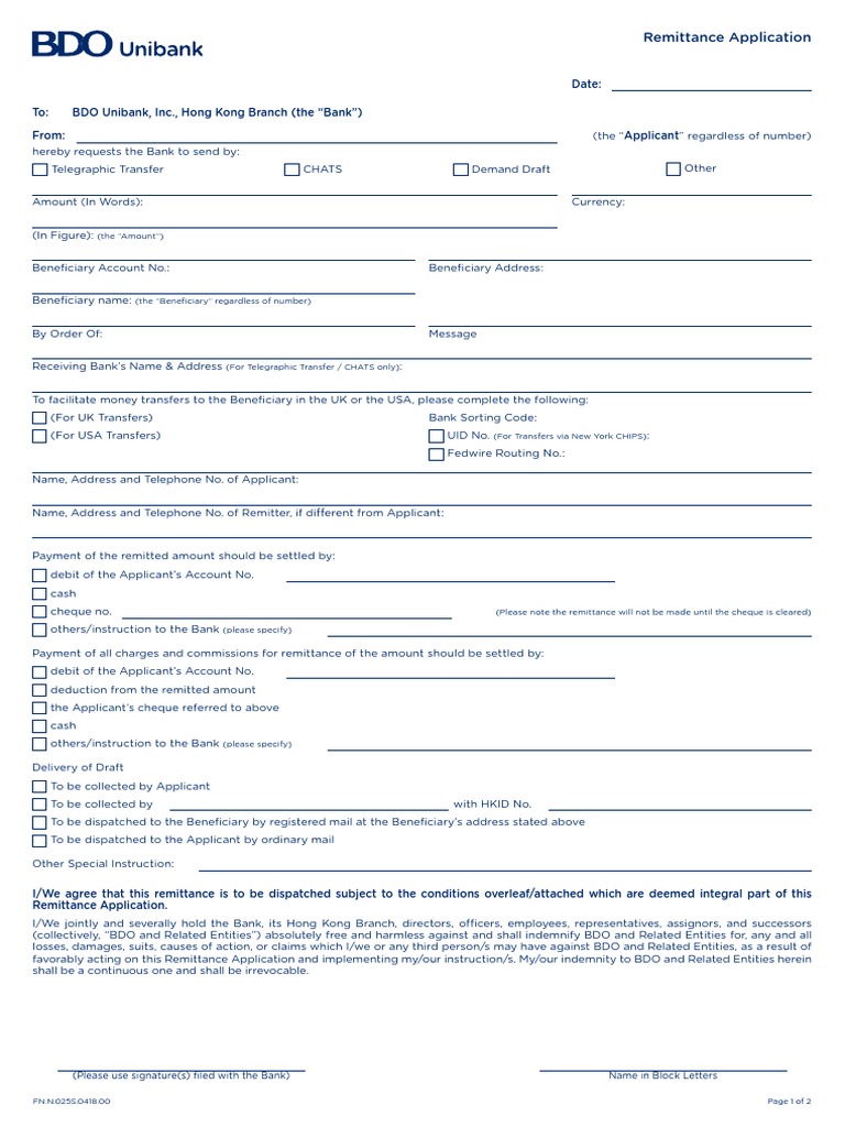 BDO Remittance Application Form | PDF | Cheque | Wire Transfer