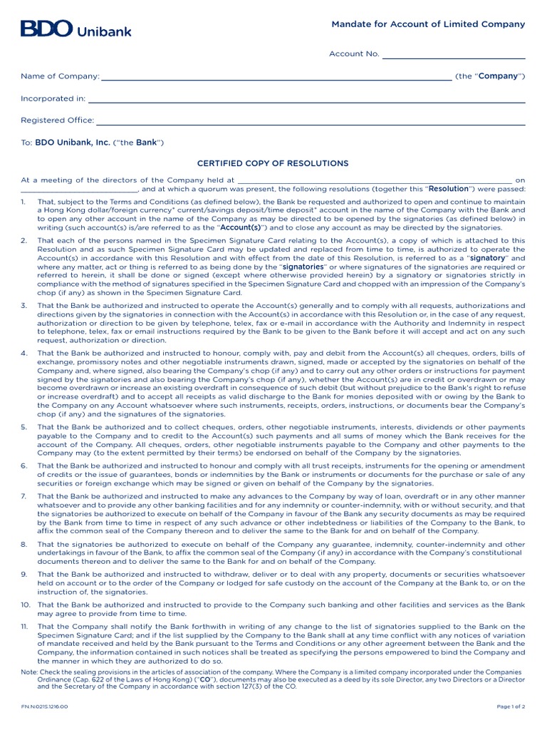 Limited Company Account Mandate Form | PDF | Overdraft | Negotiable ...