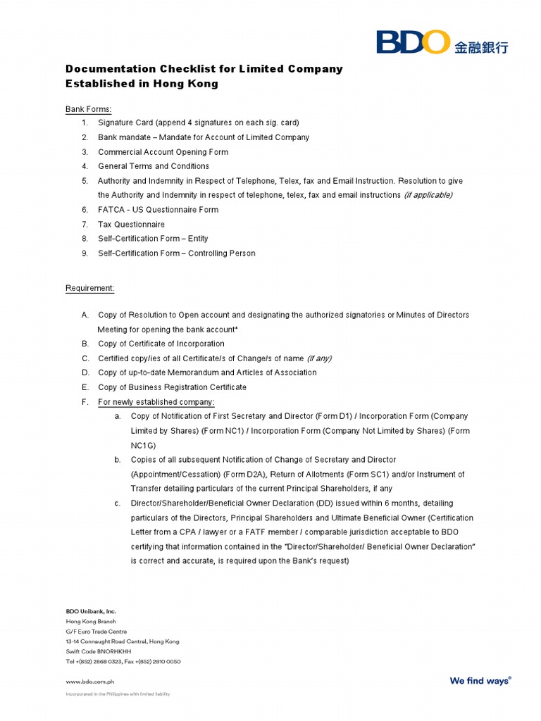 1.1 Account Opening Checklist (Corporation) | PDF | Identity Document ...