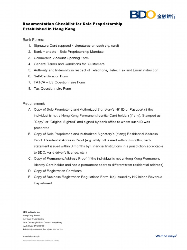 1.3 Account Opening Checklist (Sole Proprietorship) | PDF | Finance ...