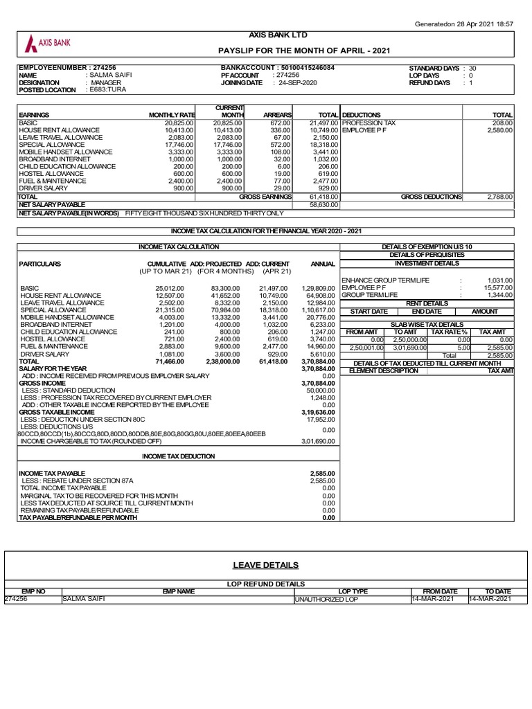 Axis Bank LTD Payslip For The Month of April - 2021: Leave Details ...