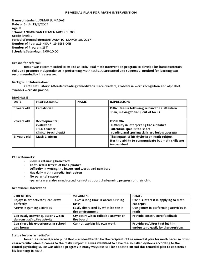 Remedial Plan For Math Intervention | Download Free PDF | Dyslexia ...