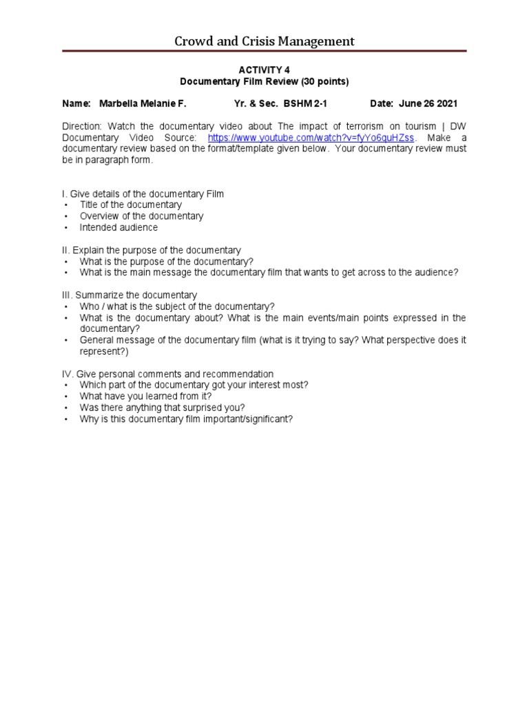 Module 4 Activity Documentary Film Review | PDF | Tourism | Crime Thriller