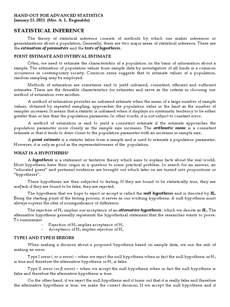 Handout#3 - Statistical Inference, Z and T Test | PDF | Type I And Type ...