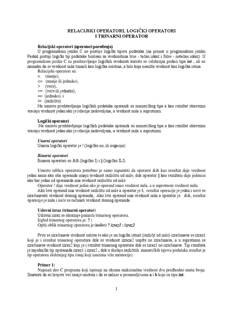 Cas 9 - 10 - RELACIJSKI OPERATORI, Logicki, Trinarni | PDF