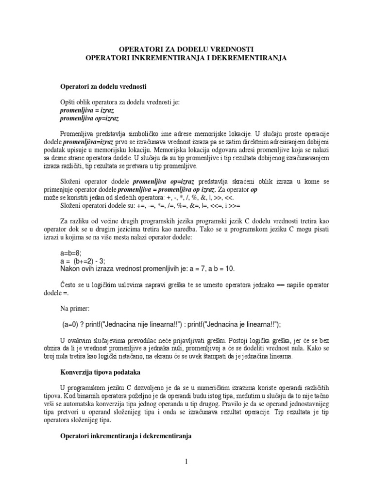 Cas 11 - 12 - OPERATORI ZA DODELU VREDNOST, Inkrementiranje ...