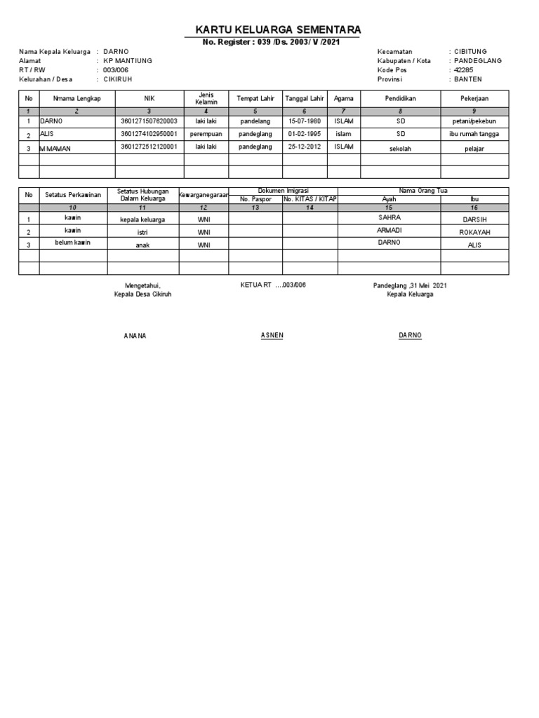 Master Kartu Keluarga Sementara Blanko | PDF