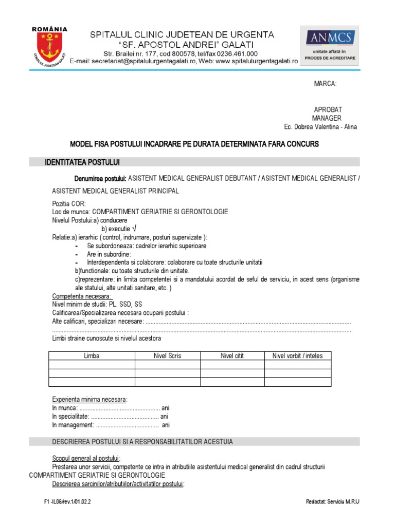 Model Fisa Postului Asistent Medical Geriatrie | PDF